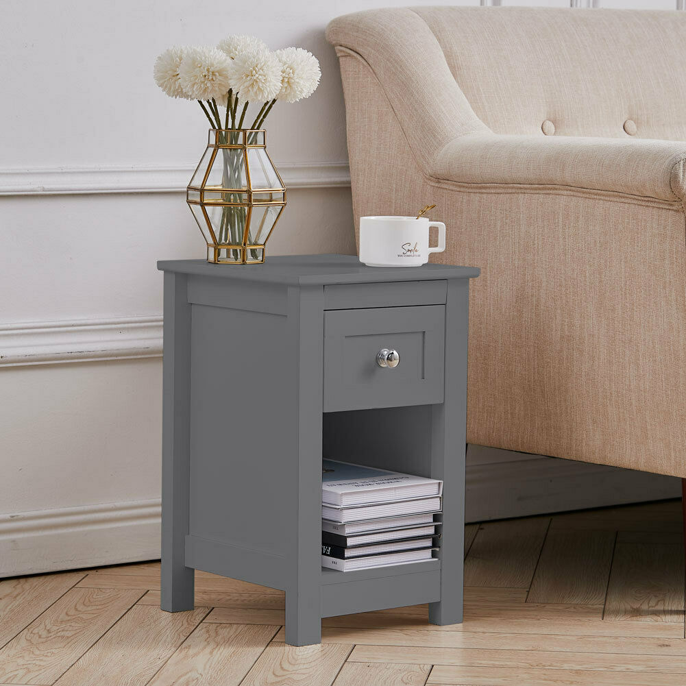 Grey Small Side Slim Table Drawer Wooden Sofa End Night Stand Bedside Quildinc
