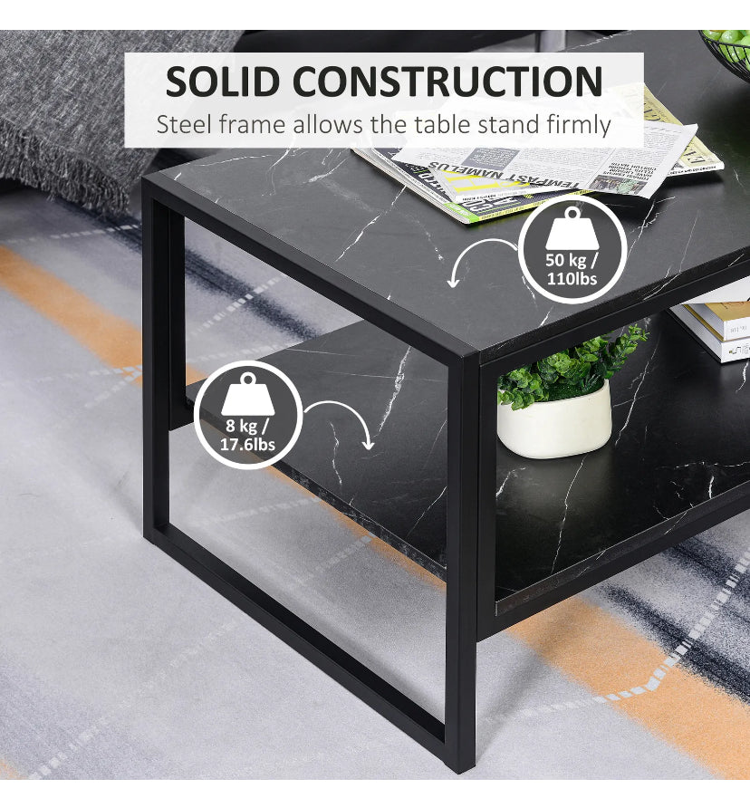 Elegant Two-Tier Marble Effect Coffee Table Metal Frame 106L x 50W x45 ...
