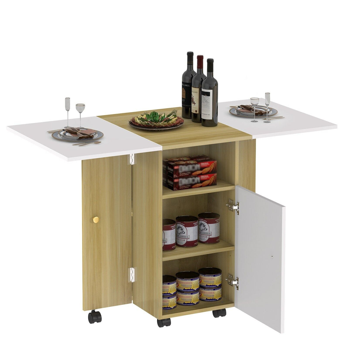 Mobile Folding Dining Table with Wheels Storage Cabinet Drop Leaf Kitc ...