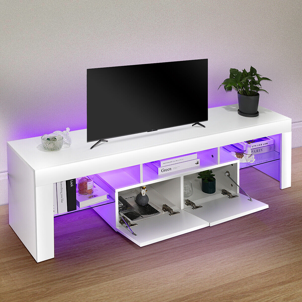 TV Stand 160cm High Gloss TV Unit Cabinet Sideboard With LED Light & D ...