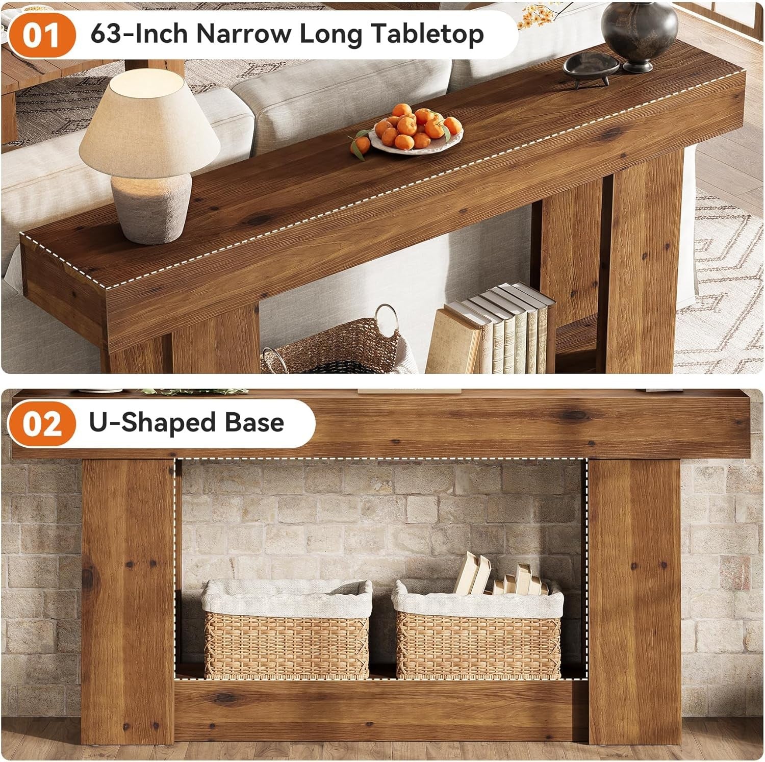 63-Inch Console Table, Farmhouse Solid Wood Entryway Table with U-Shap ...