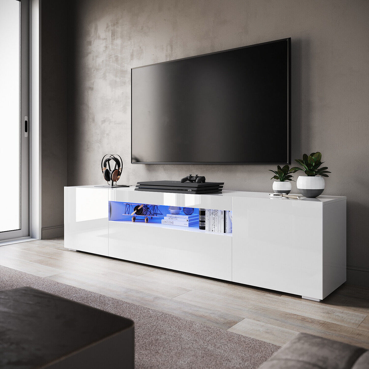 High Gloss White TV Stand Cabinet Unit Doors Storage with RGB LED Cupb ...