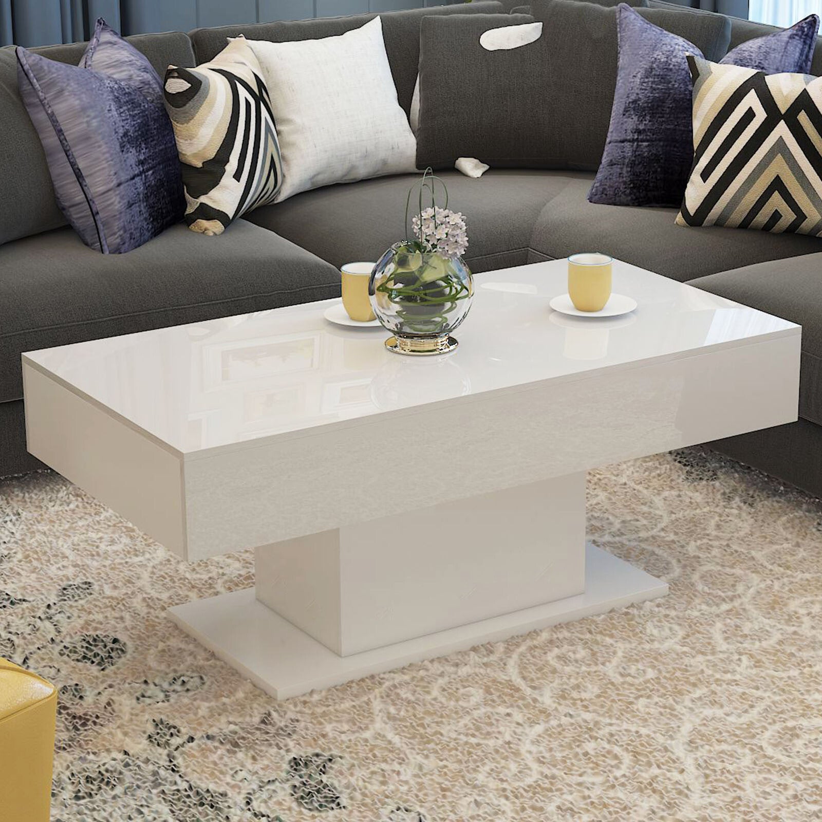 High Gloss Coffee Table with LED Light Rectangle Living Room Furniture ...