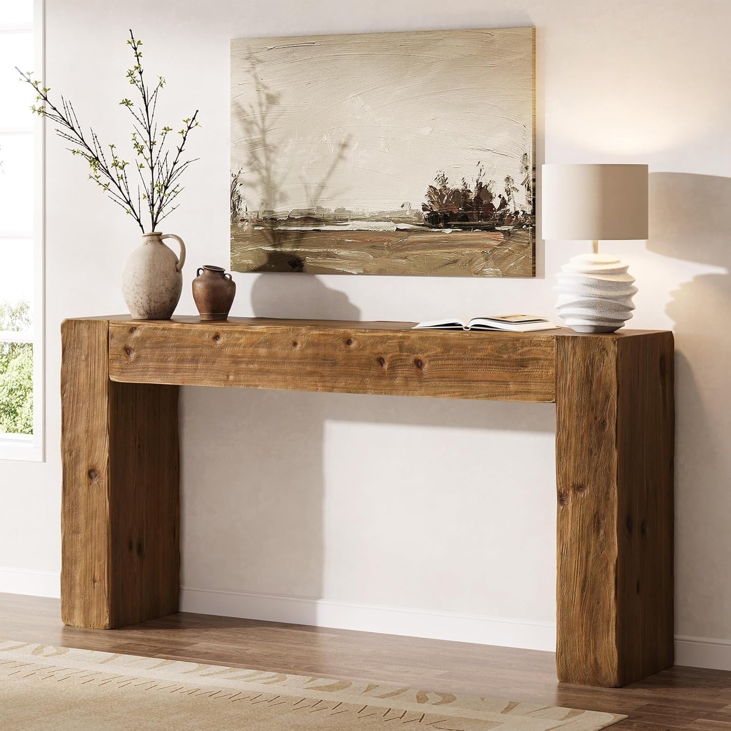 63-Inch Solid Wood Console Table, Farmhouse Entryway Sofa Table Behind ...