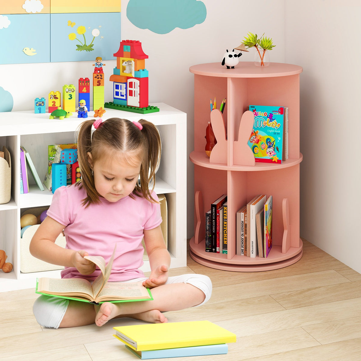 Round Spinning Corner Bookcase Kids Rotating Bookshelf Pink – Quildinc