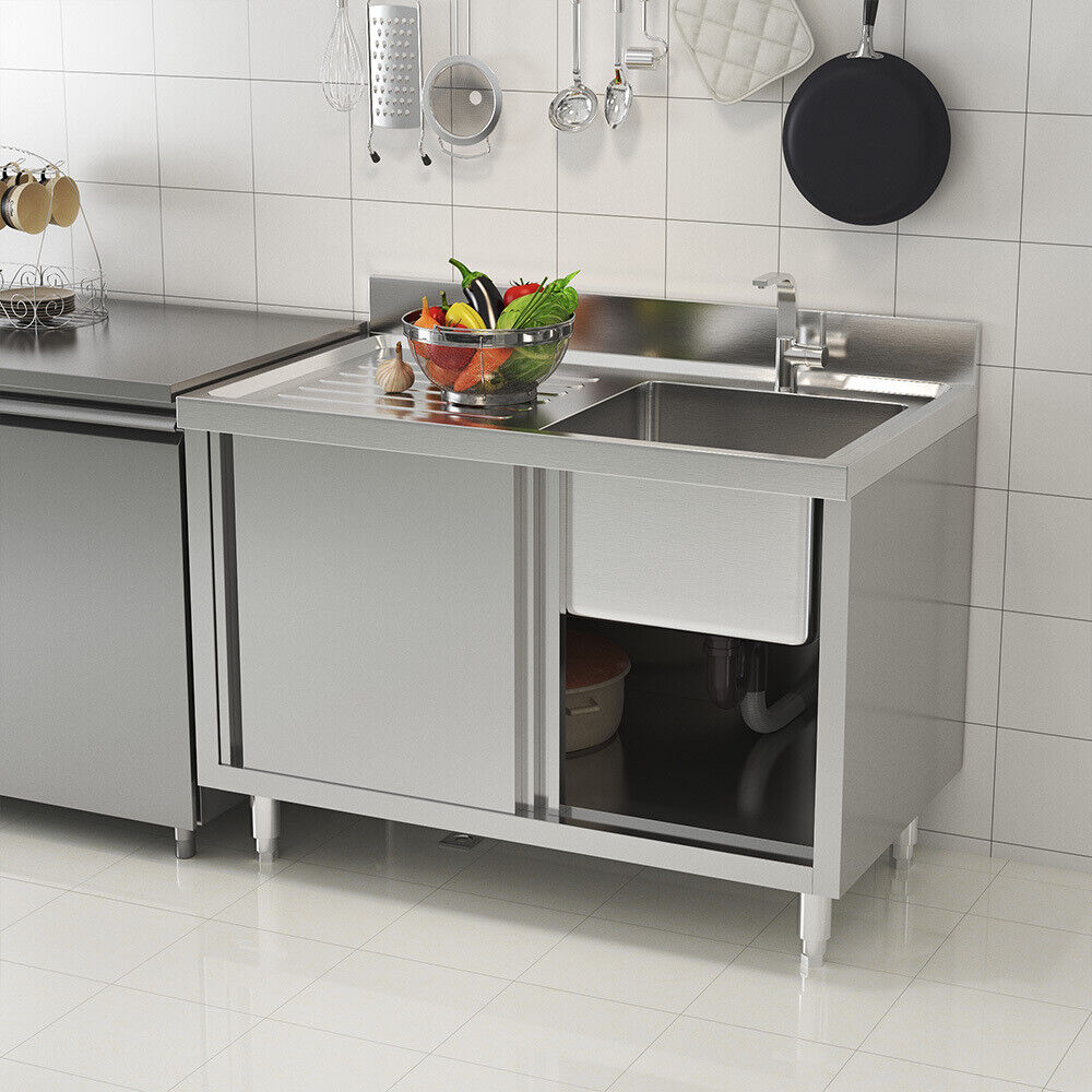 Commercial Stainless Steel Kitchen Sink Work Table with Cabinet Slidin ...