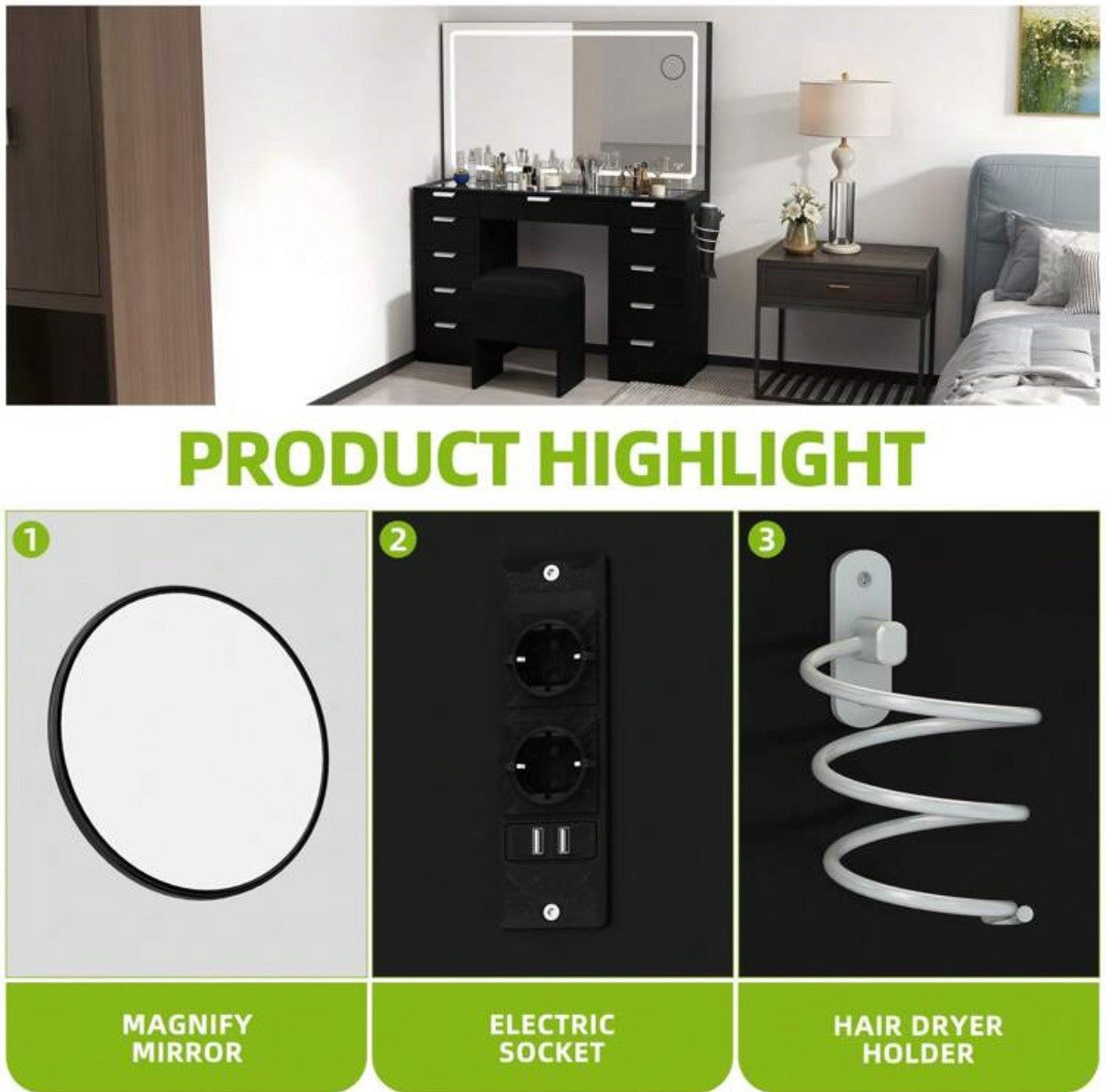 Vanity Dressing Table 11 Drawers Makeup Desk Chair Set with LEDMirror ...