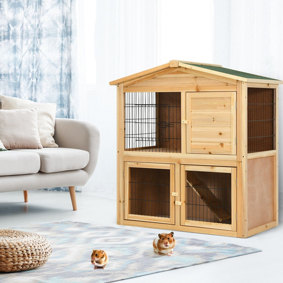 Wood Rabbit Hutch Double Decker Guinea Pig Ferret Cage with Ramp Water ...