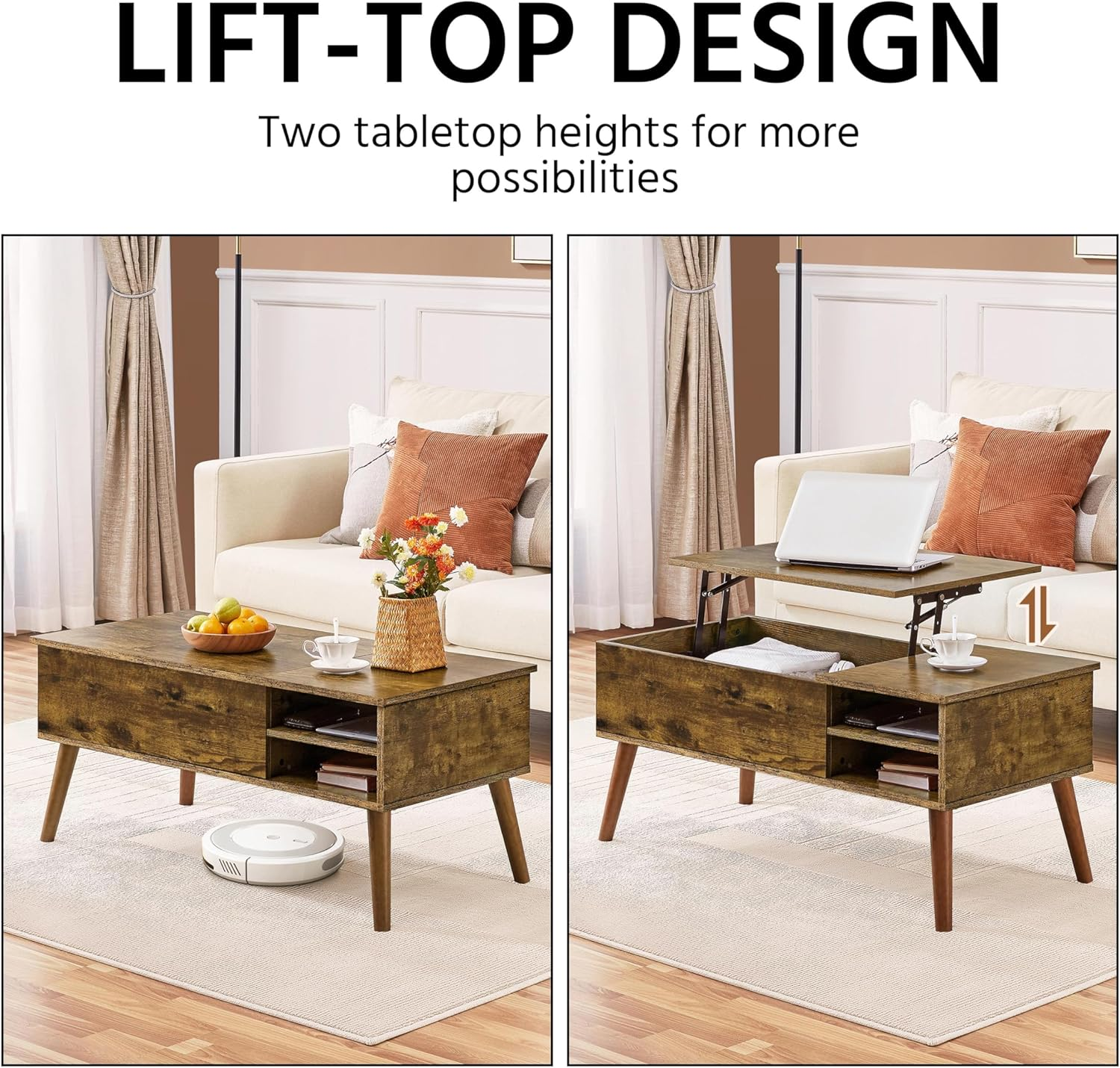 Coffee Table Lift Top Storage Shelf Living Room Rustic Brown Industria ...