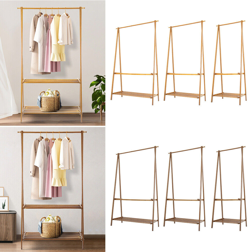 Wooden Clothes Rail Garment Hanging Rack Coat Display Stand With 2 Lay ...