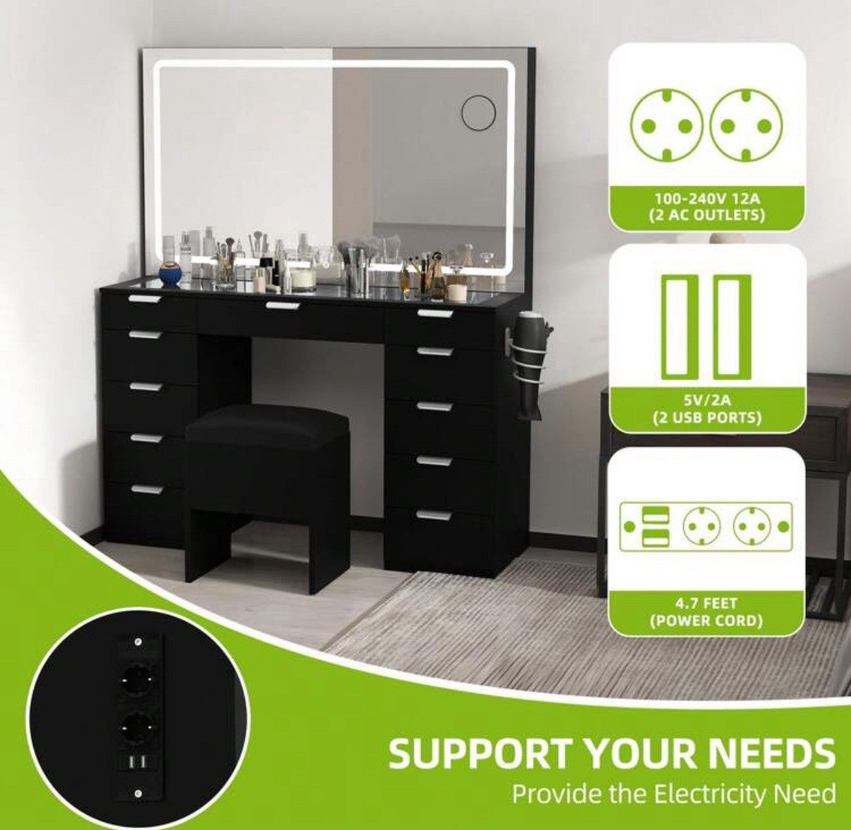 Vanity Dressing Table 11 Drawers Makeup Desk Chair Set with LEDMirror ...