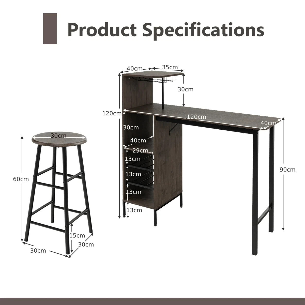 3 Piece Rustic Bar Table and Stool Set with Wine Rack & Storage Shelve ...
