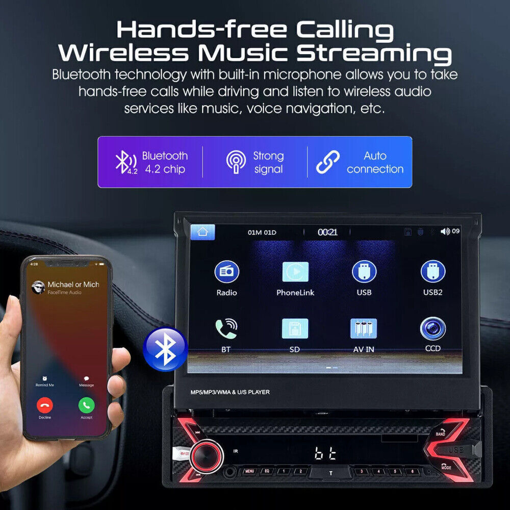 7" Single Din Car Stereo Flip Out Head Unit Android For Apple CarPlay ...