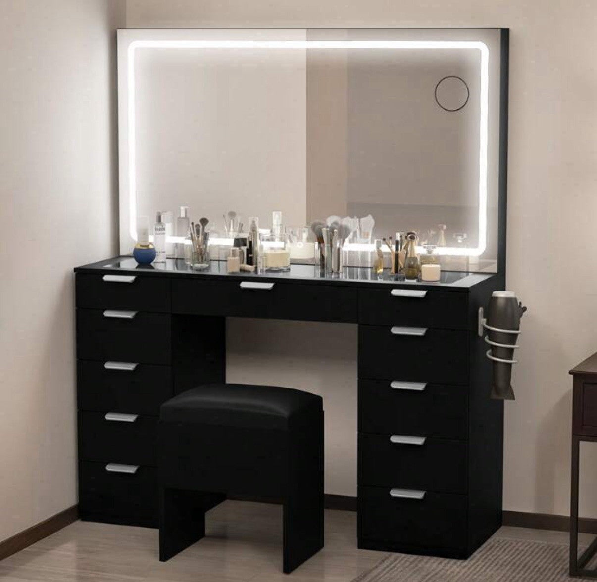 Vanity Dressing Table 11 Drawers Makeup Desk Chair Set with LEDMirror ...