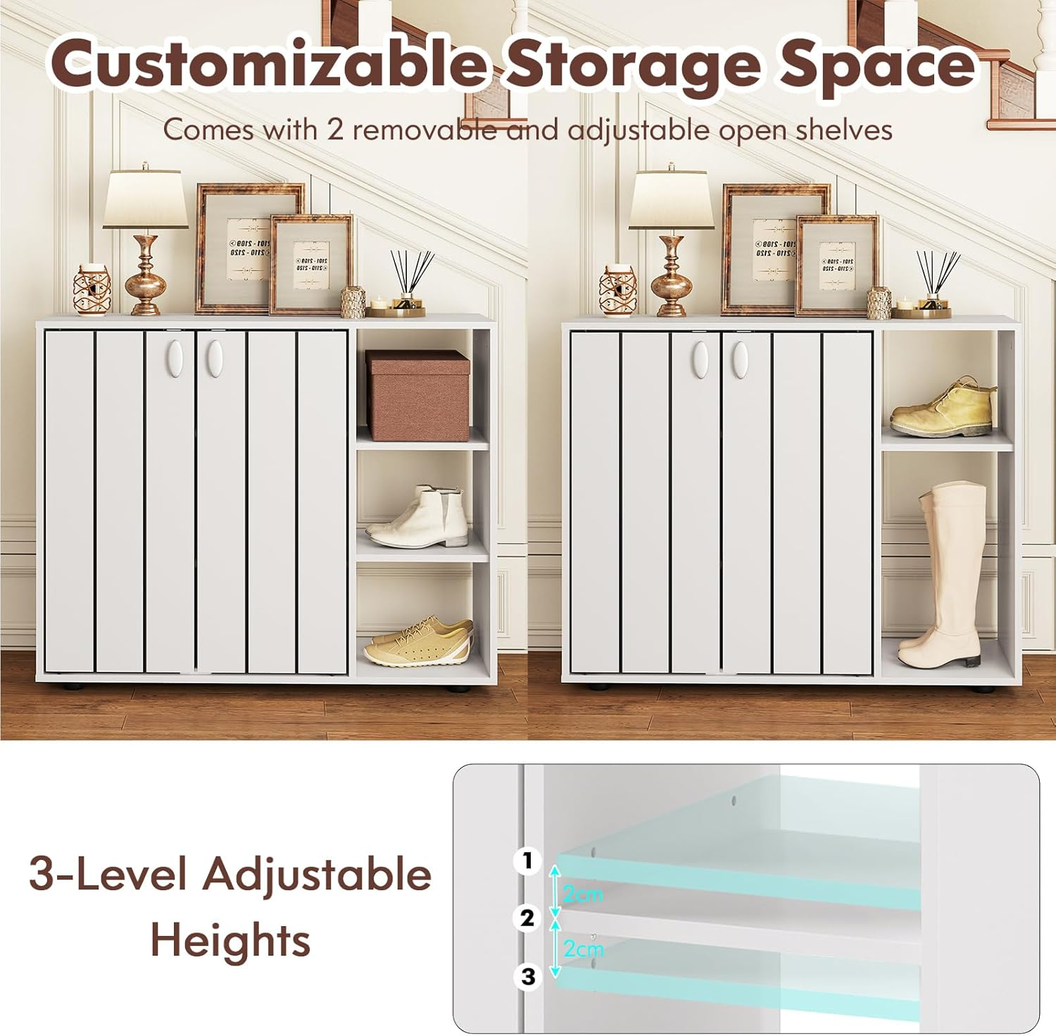 Shoe Cabinet Wooden White Storage Cupboard Double Doors Adjustable She ...