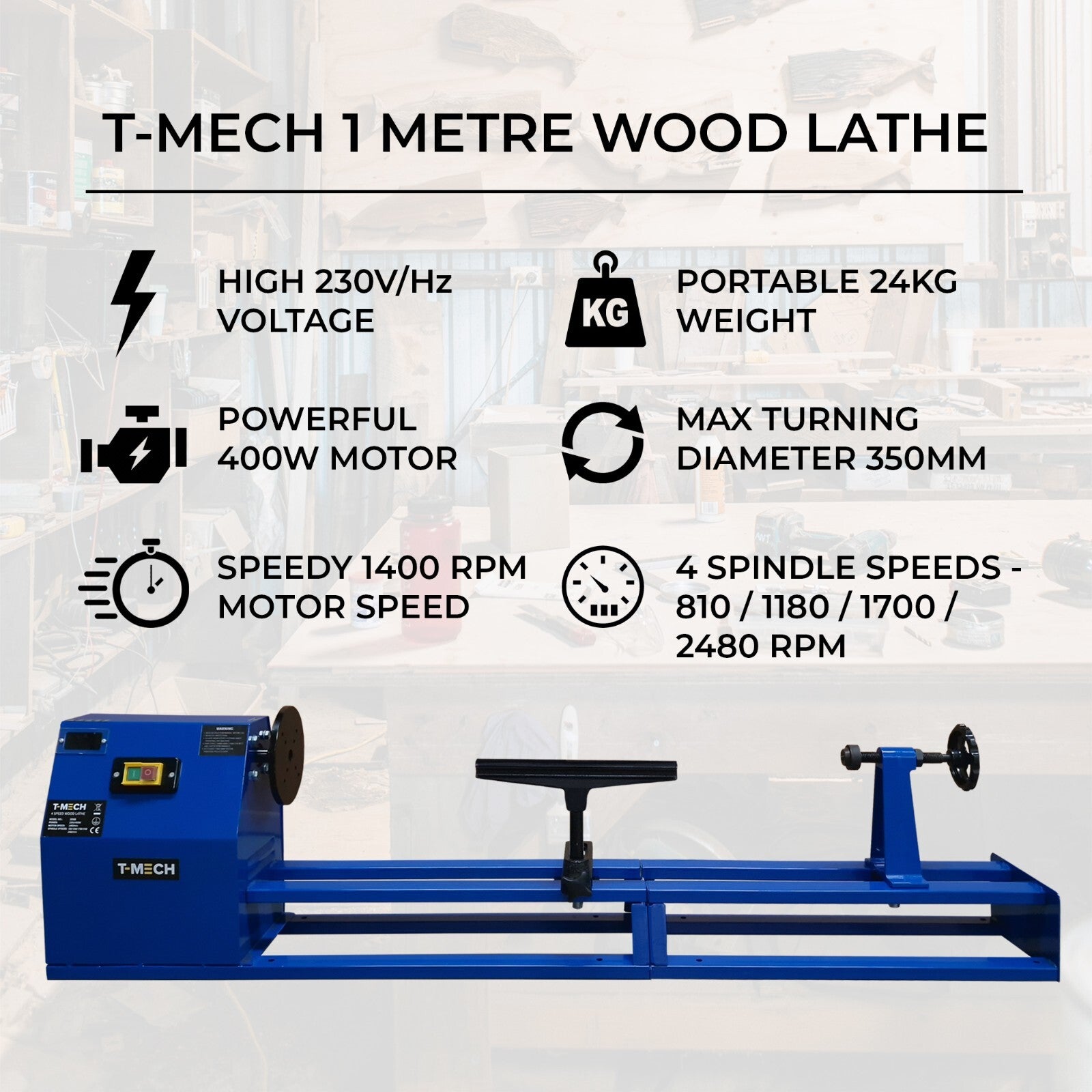 Wood Lathe 1m Wood Turning Variable Speed Tailstock Work with 6 FREE C ...