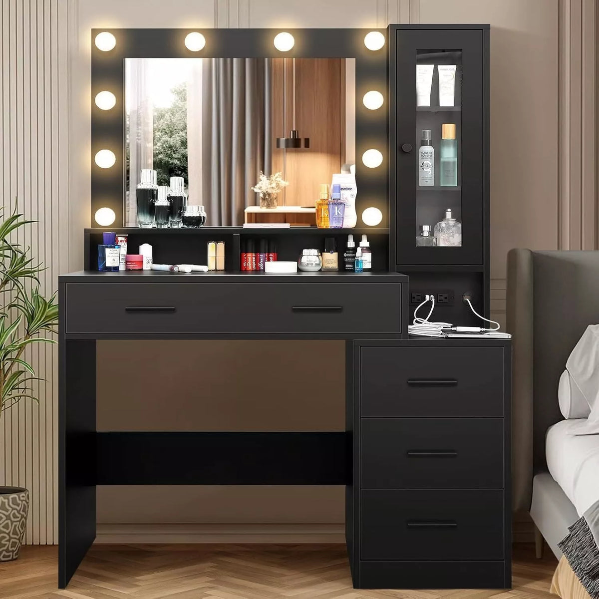 2 in1 Dressing Table with LED Lights Mirror 5 Drawers Socket Vanity Ma ...