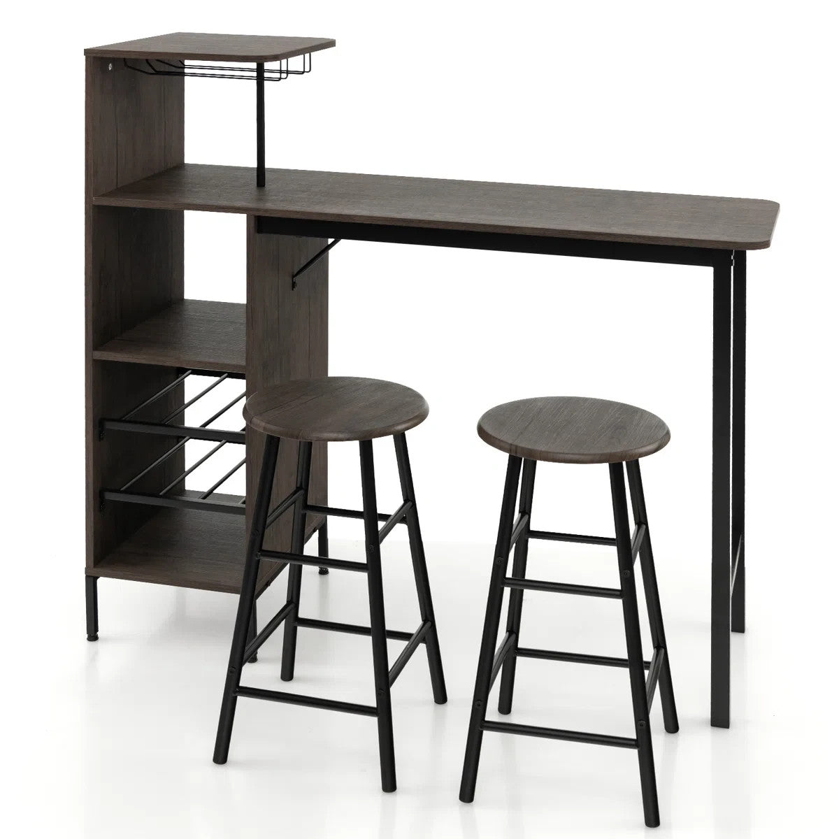 3 Piece Rustic Bar Table and Stool Set with Wine Rack & Storage Shelve ...