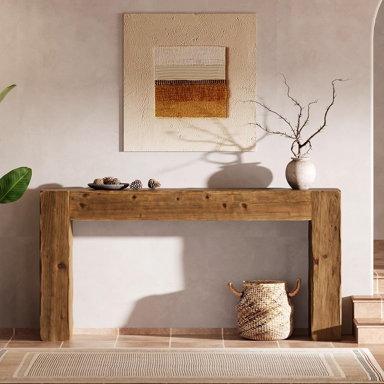 63-Inch Solid Wood Console Table, Farmhouse Entryway Sofa Table Behind ...