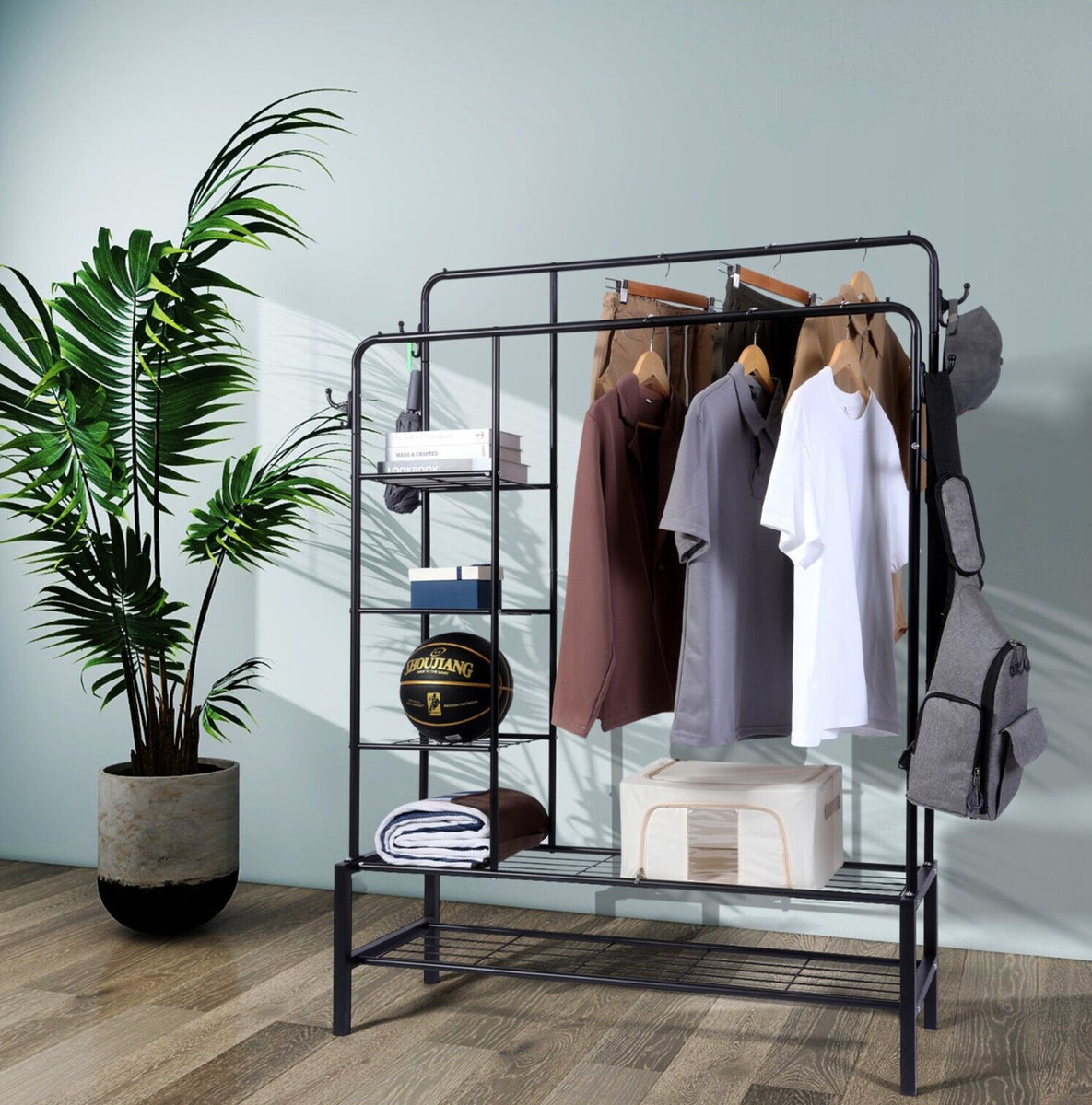 Heavy Duty Double Clothes Rail 120KG Load Cloth Rack With Shelves & Sh ...