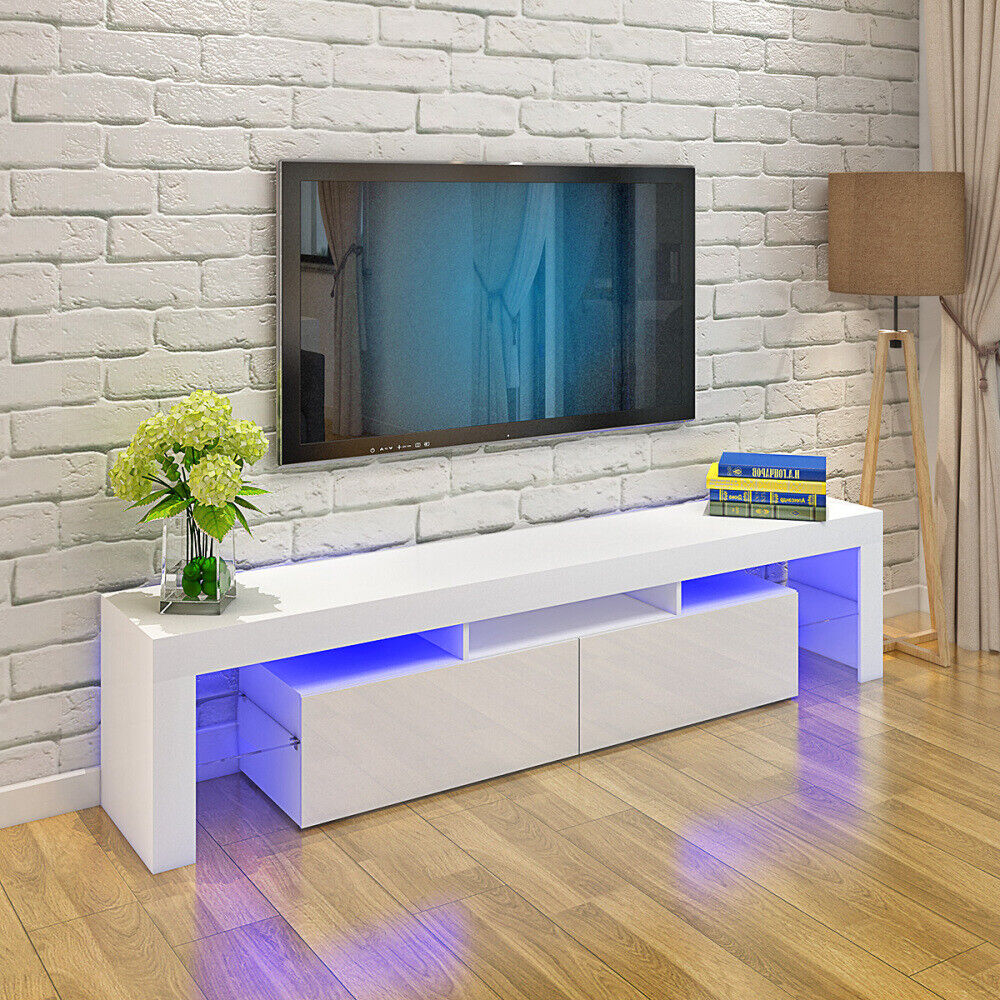 Modern 160cm TV Unit Cabinet White High Gloss Doors 2 Drawer with RGB ...