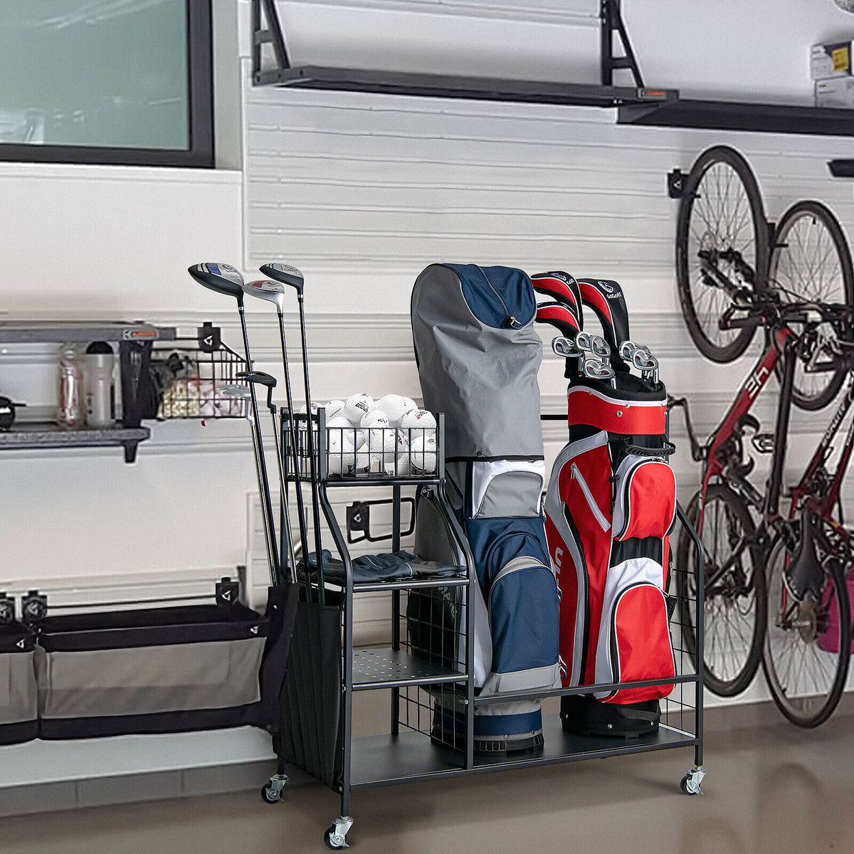Golf Bag Storage Rack For Garage Double Golf Bag Organizer w/ Lockable ...
