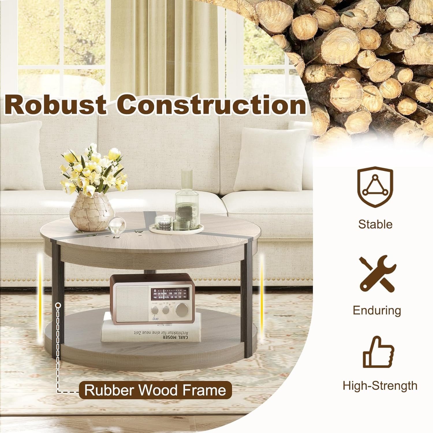 Coffee Table Round 2 Tier Storage Shelf Solid Rubber Wood Living Room ...