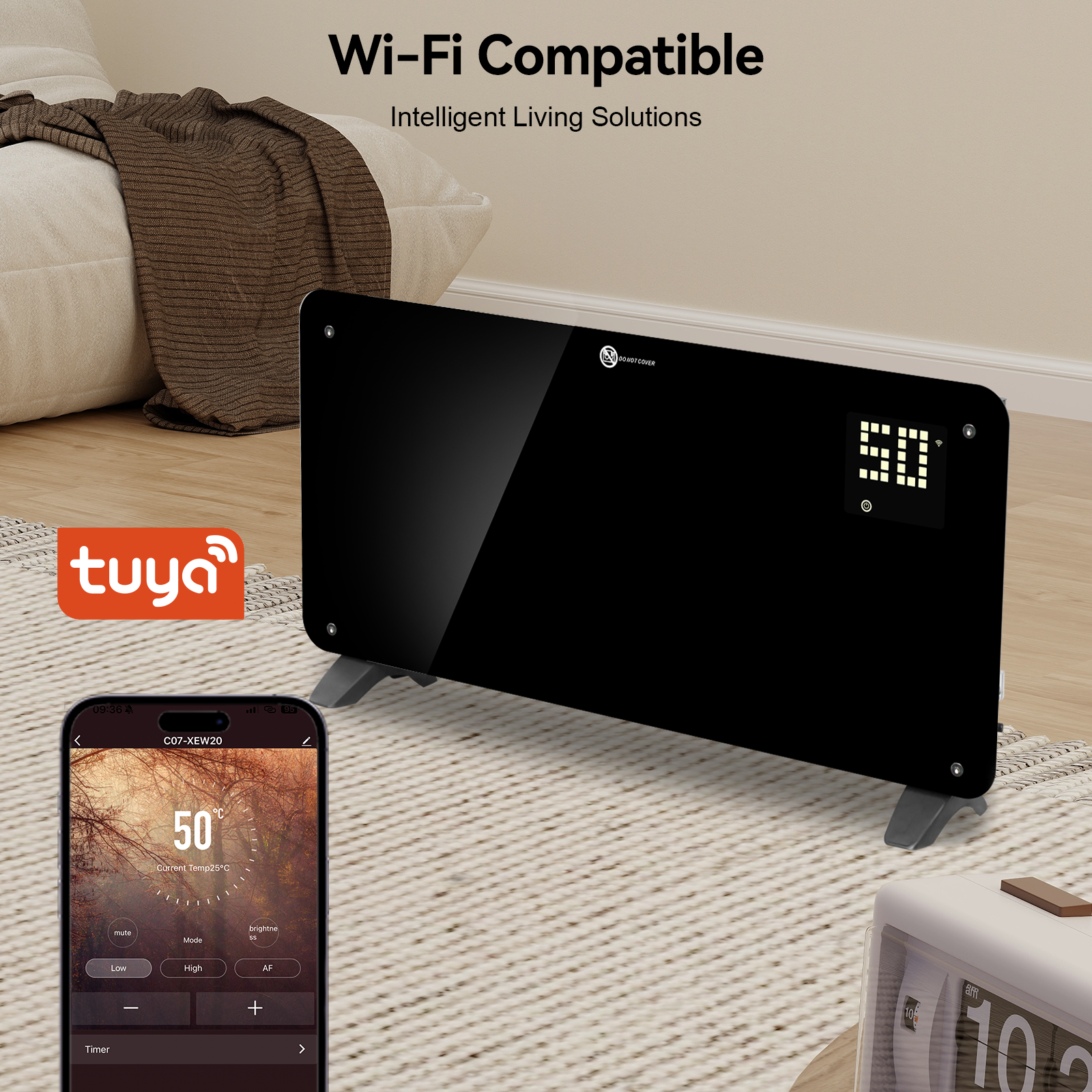 2000w Panel Heater Wall Mounted Glass Smart Panel Radiator APP Control ...