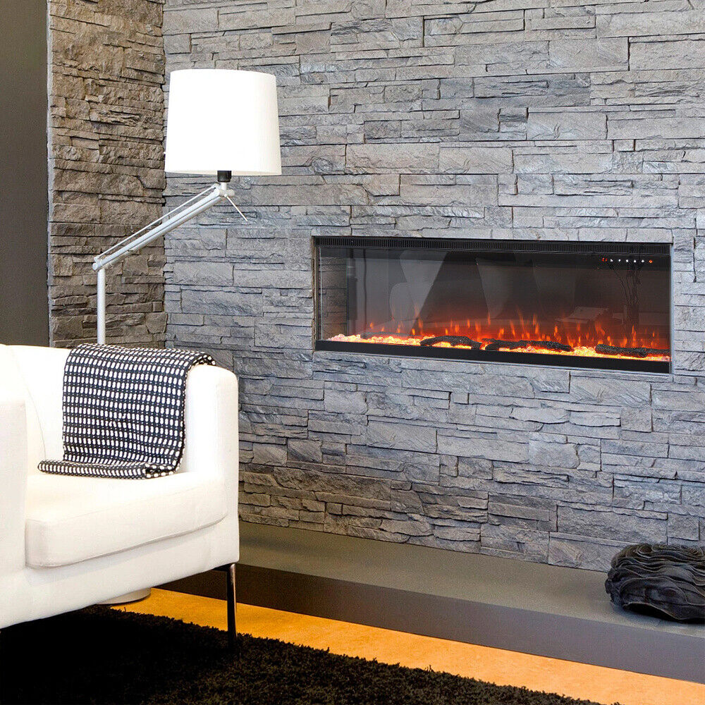 Wall Mounted 40/50/60'' LED Fireplace Inset Electric Fire Glass 3 Side ...