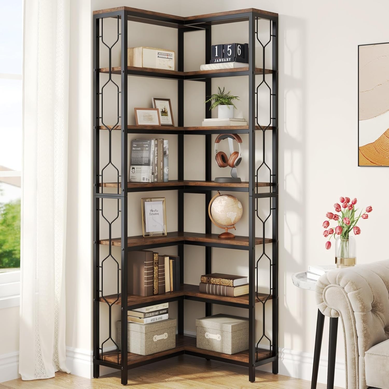 7-Tier Corner Bookshelf, Industrial Etagere Bookcase Freestanding Disp ...