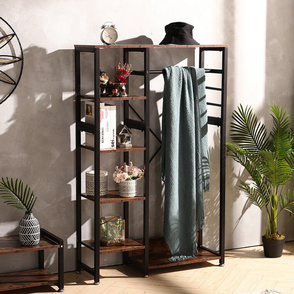 Industrial Rustic Wood Coat Rail Bar Stand Garment Clothes Rack 5 Tier ...