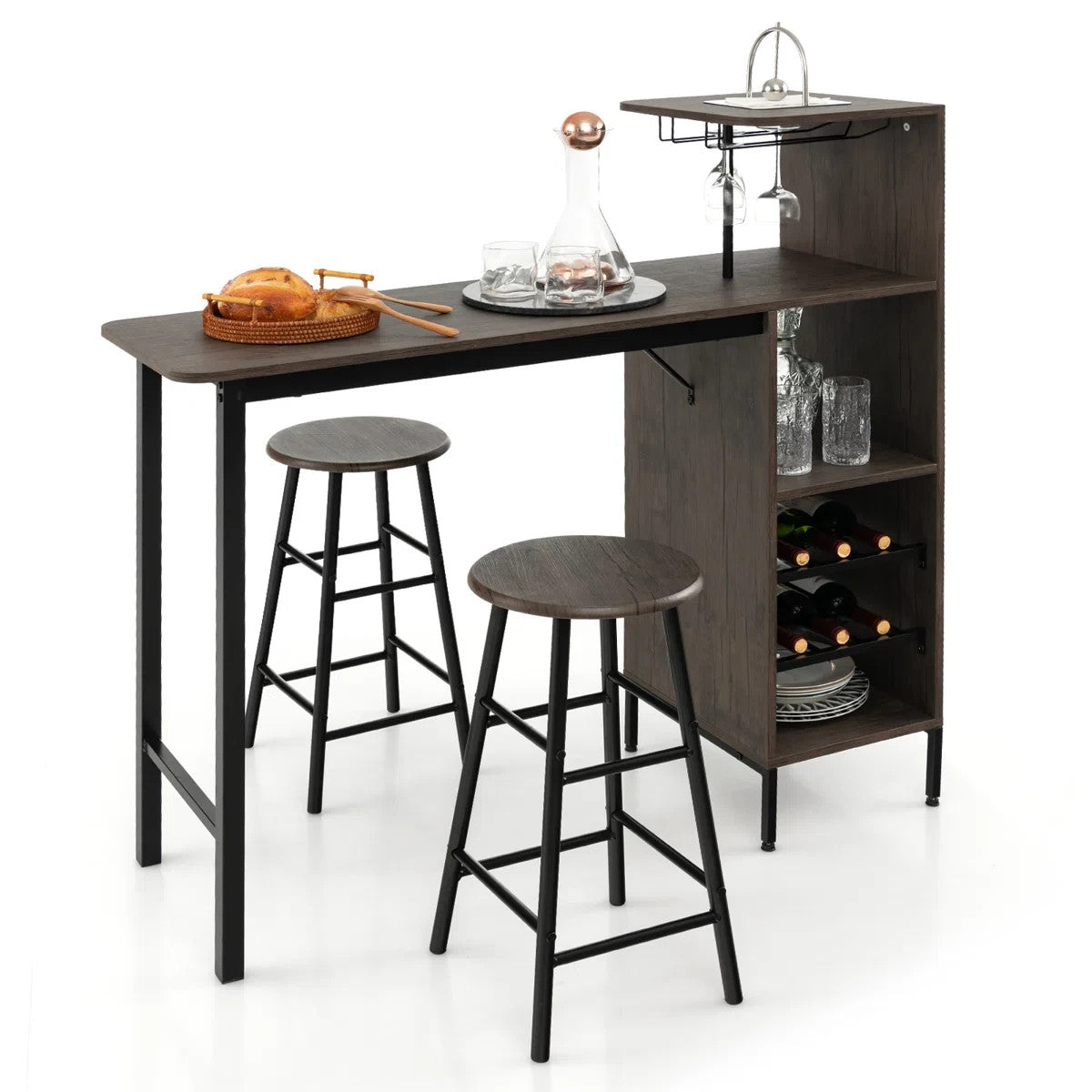3 Piece Rustic Bar Table and Stool Set with Wine Rack & Storage Shelve ...