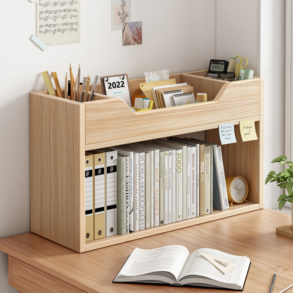 Wooden Bookshelf Rack Desk Filing Holder Organizer Rack Tabletop Bookc ...