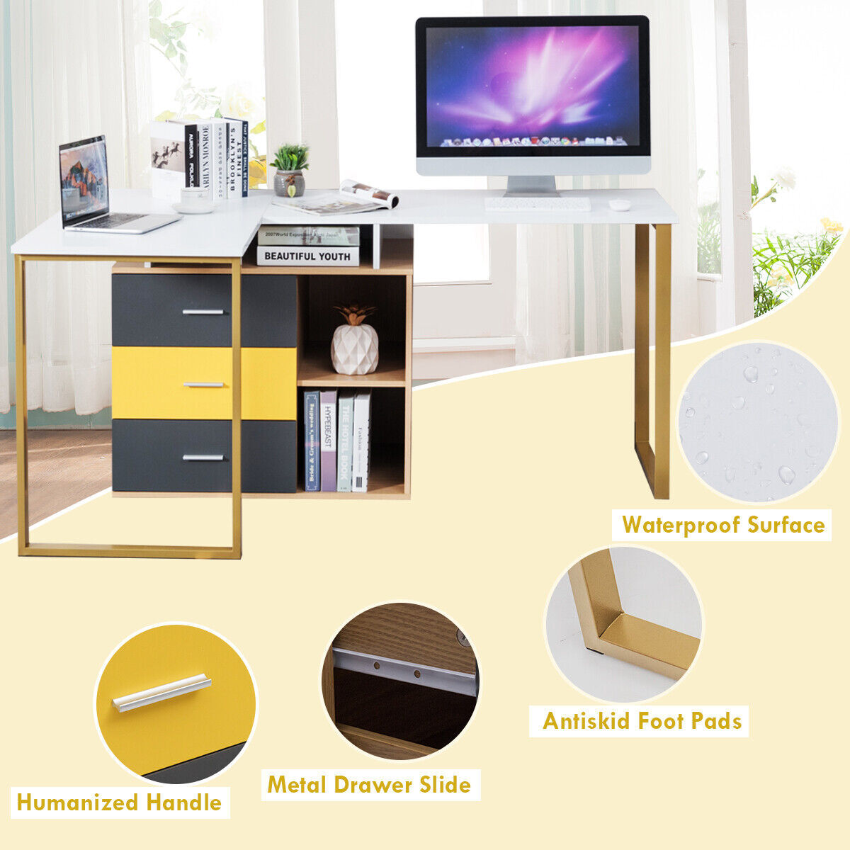 Computer Desk for Two Person 2 in 1 Double Writing Study Workstation 3 ...