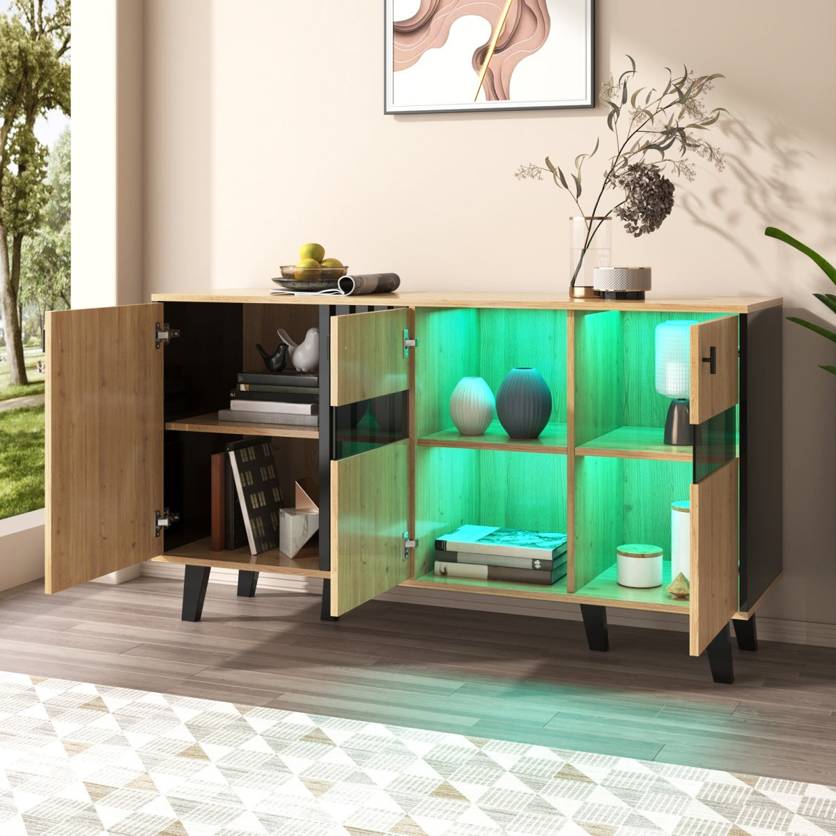 Modern 140cm Sideboard Cabinet Storage Unit with LED Lights and Glass ...