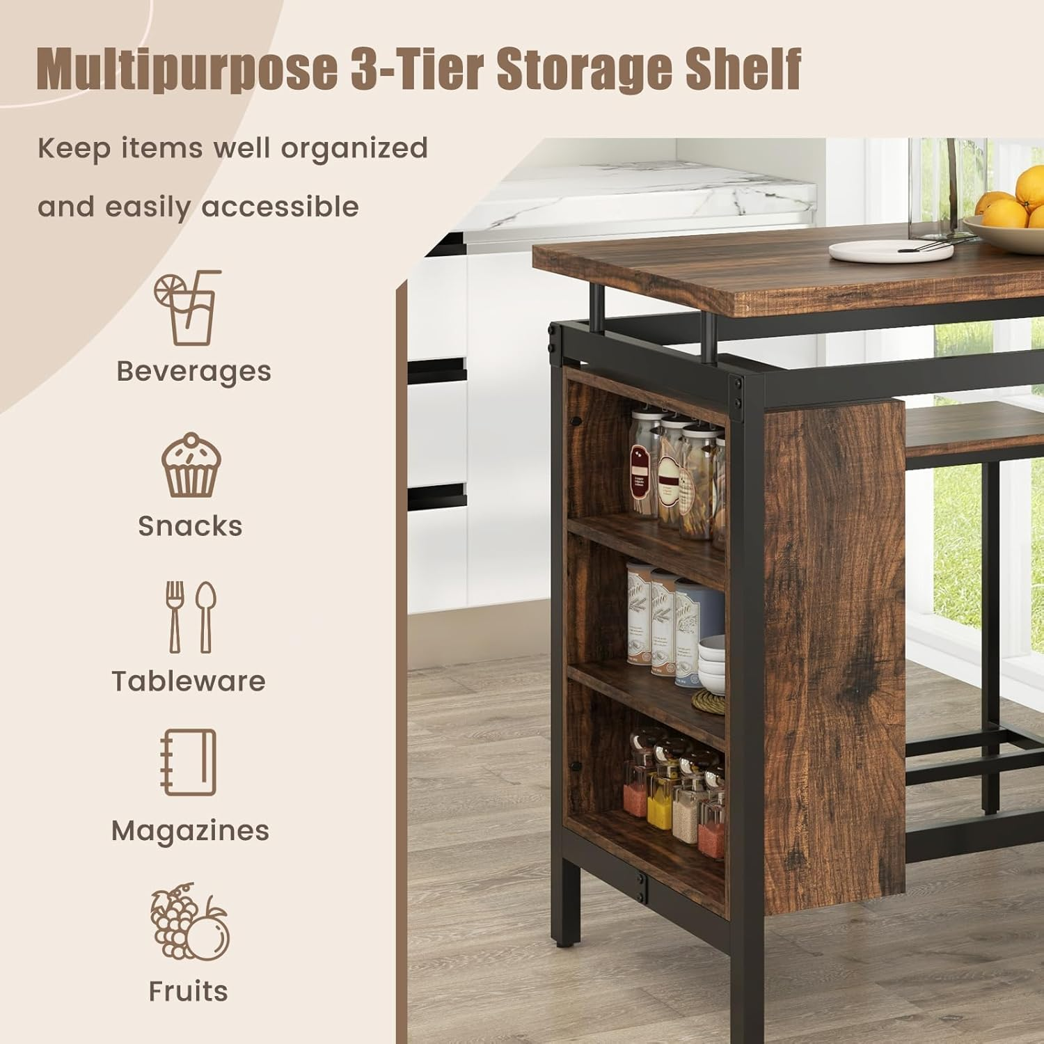 Bar Table Set 3 Piece Industrial Metal Table Stools Storage Shelves Sp ...