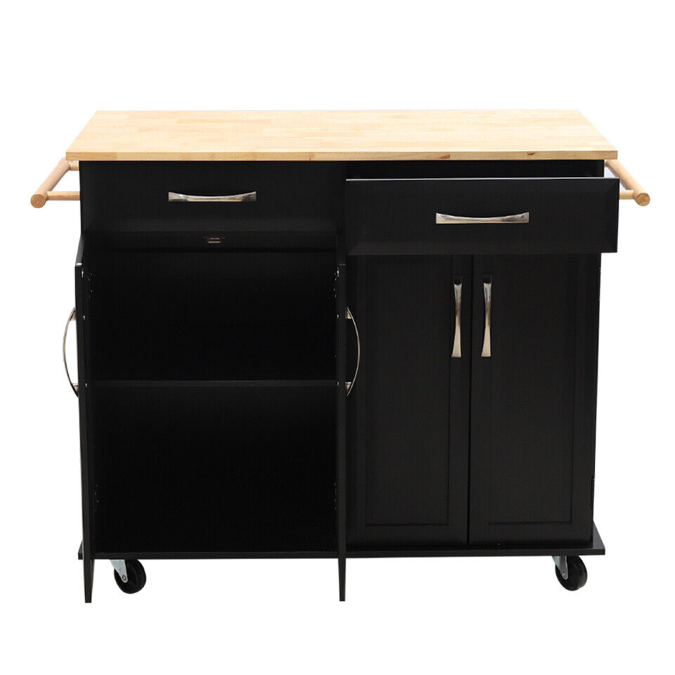 Black Rolling Kitchen Island Wheels Large 2 Drawers Serving Cart Troll ...