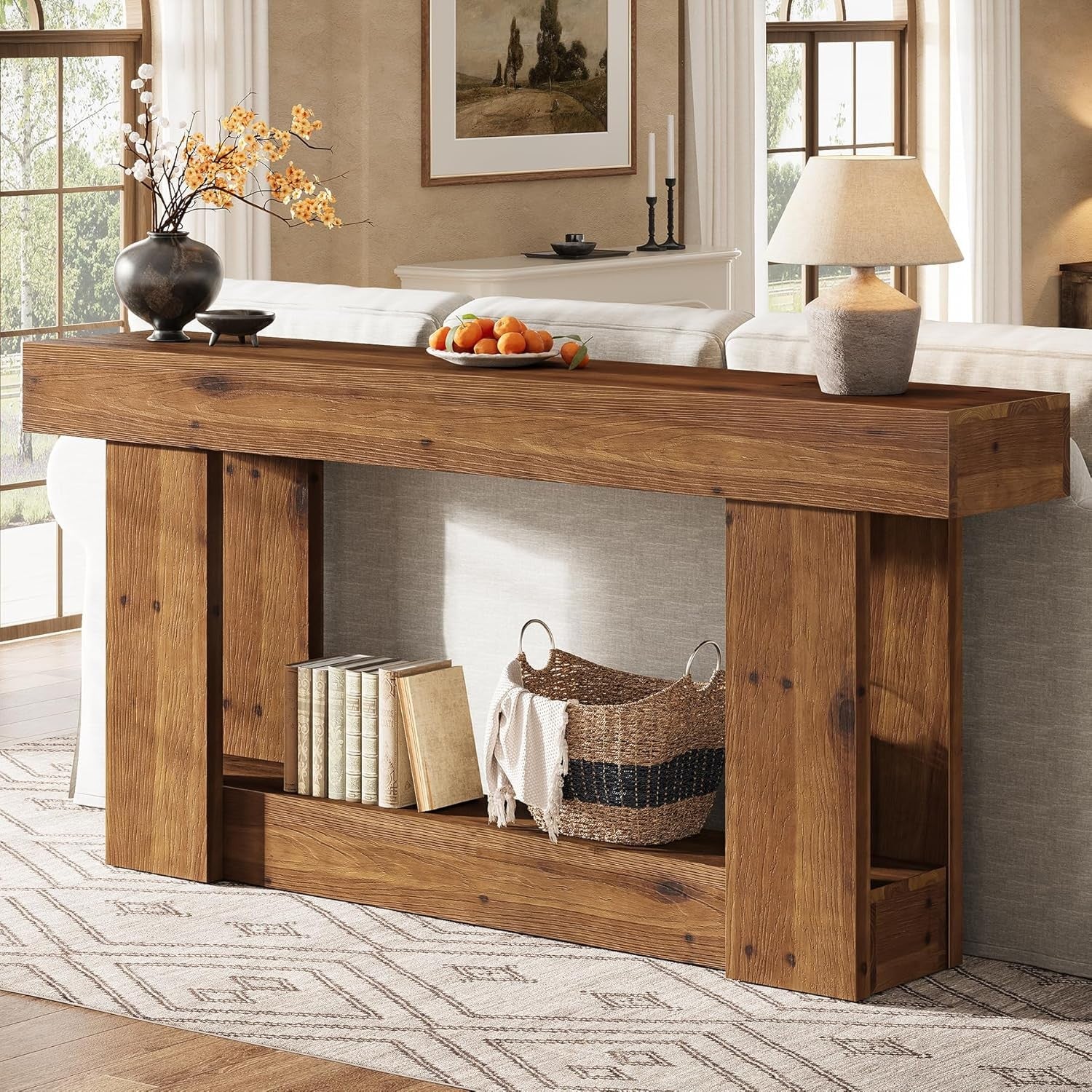 63-Inch Console Table, Farmhouse Solid Wood Entryway Table with U-Shap ...