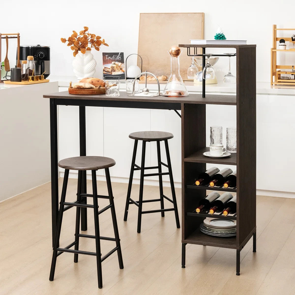 3 Piece Rustic Bar Table and Stool Set with Wine Rack & Storage Shelve ...