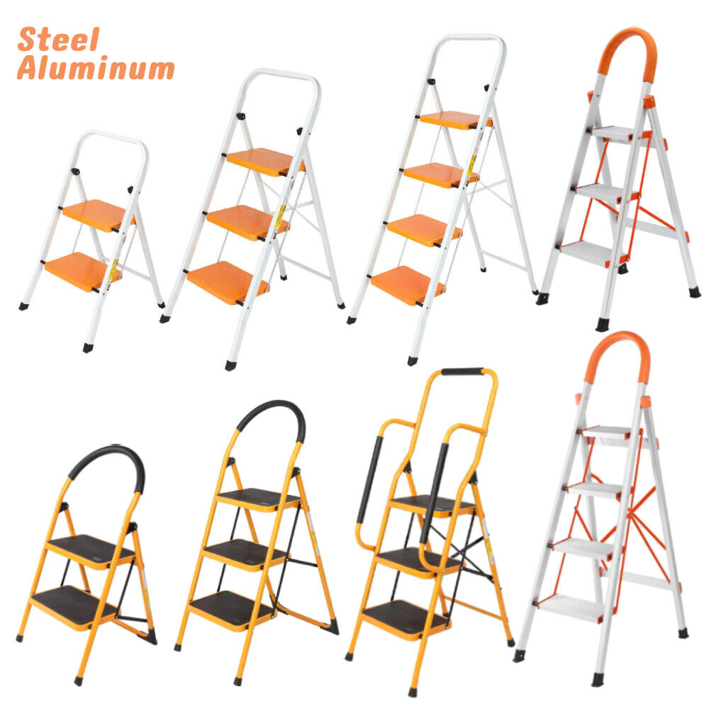2/3/4 Step Ladders Portable Compact Folding Steel Ladderl Heavy Duty A ...