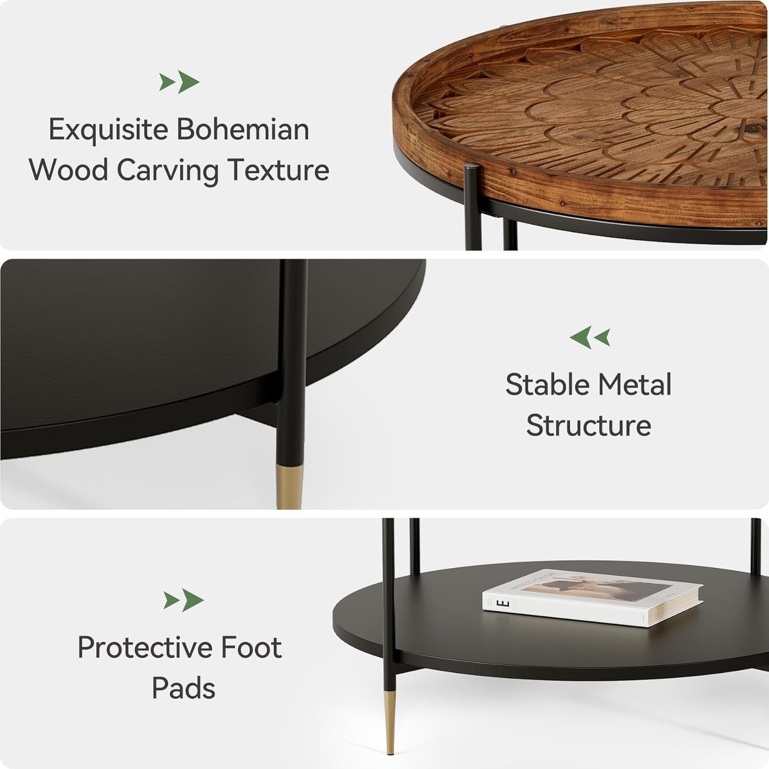 Solid Wood Round Coffee Table, 31.5-Inch Boho Center Tea Table with Me ...