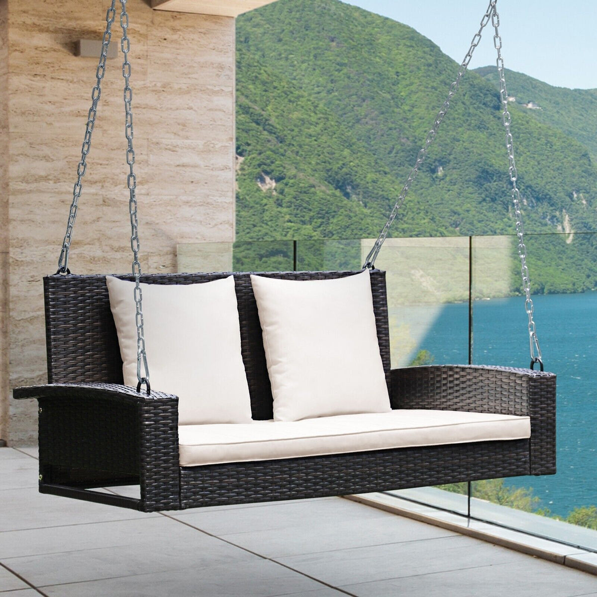 Wicker Swing Bench 2-Seat Patio Rattan Porch Swing Hanging Loveseat Wh ...