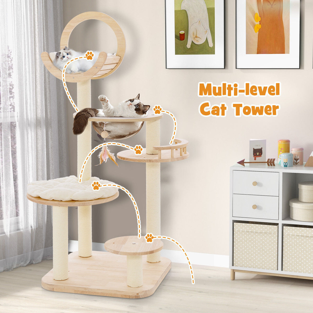 Building Block Cat Tree 4-in-1 Large Wooden Cat Tower Indoor Condo Fur ...