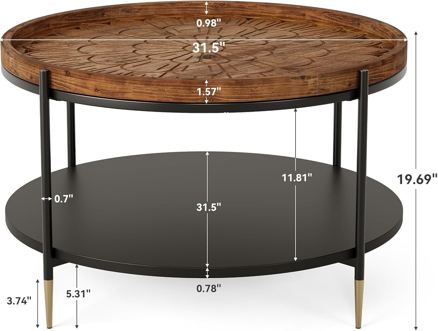 Solid Wood Round Coffee Table, 31.5-Inch Boho Center Tea Table with Me ...