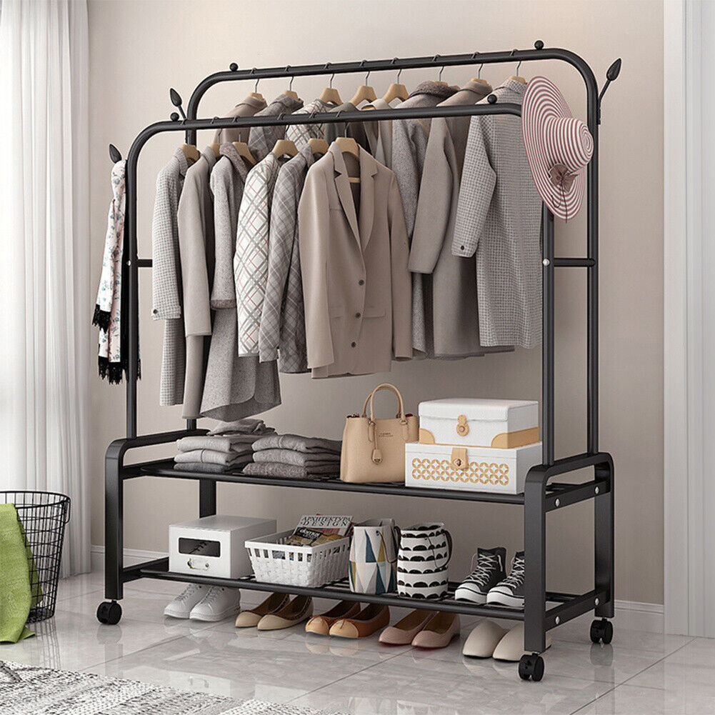 Heavy Duty Double Clothes Rail Rack Garment Display Stand With Shelves ...