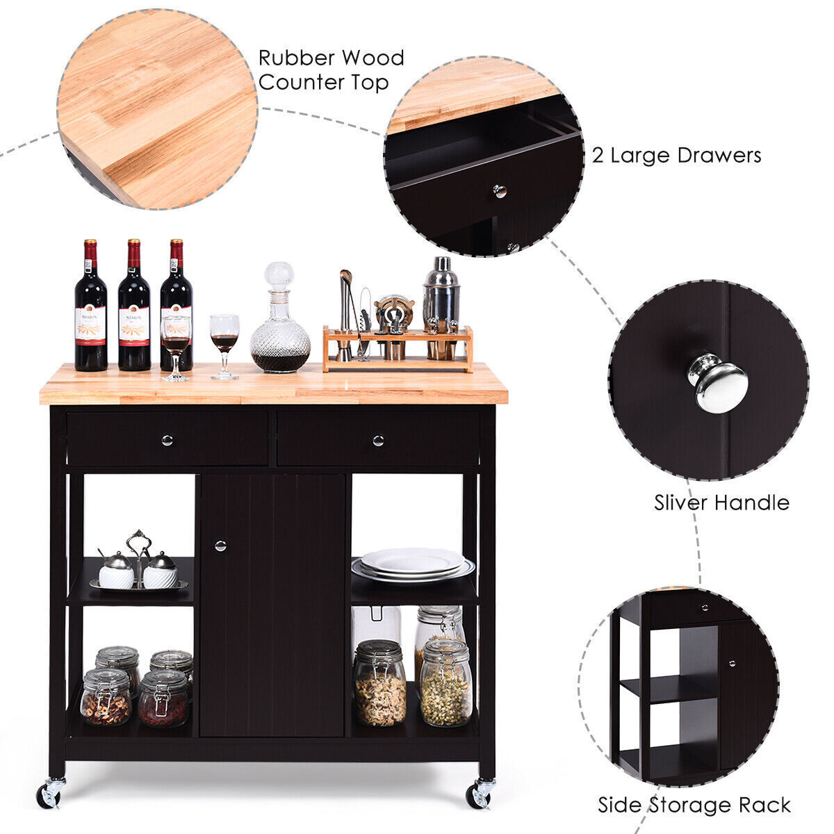Utility Wooden Movable Kitchen Storage Trolley Cart Cupboard W/ Rollin ...