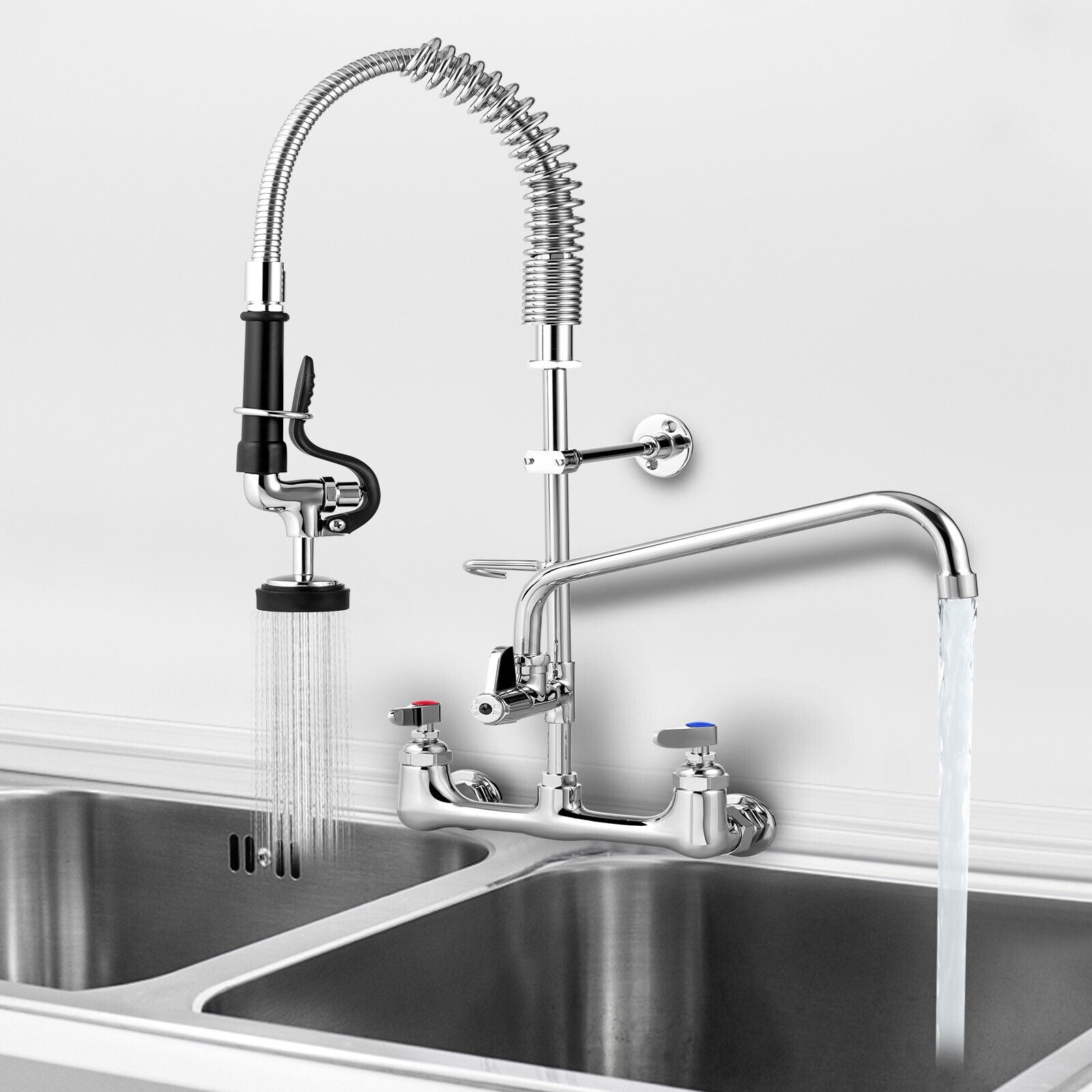 VEVOR Commercial Kitchen Pre-Rinse Faucet Spray Tap Arm Twin Pedestal ...