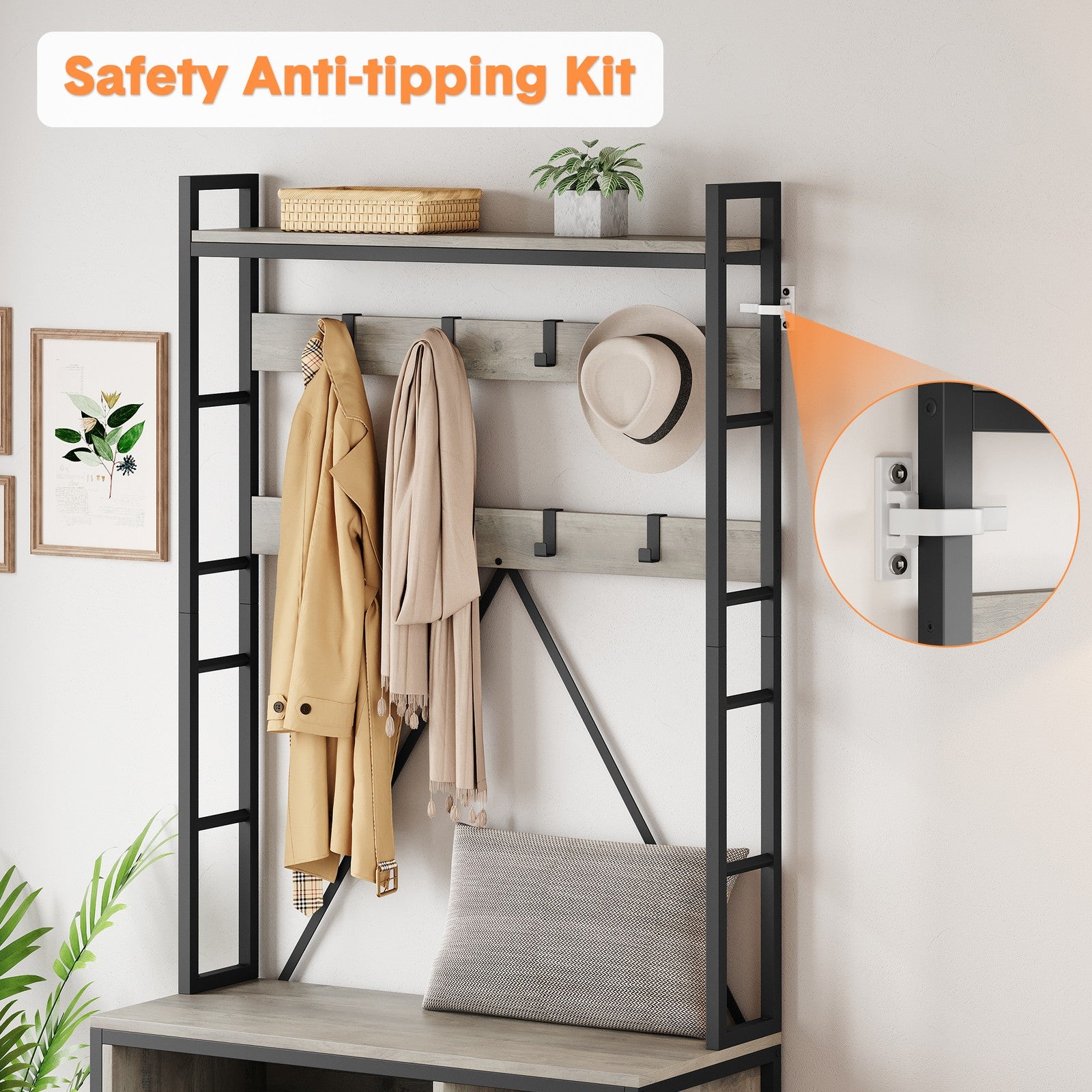 Industrial Coat Rack Stand With Shoe Rack ＆ 8 Hooks Hangers Storage Ca ...