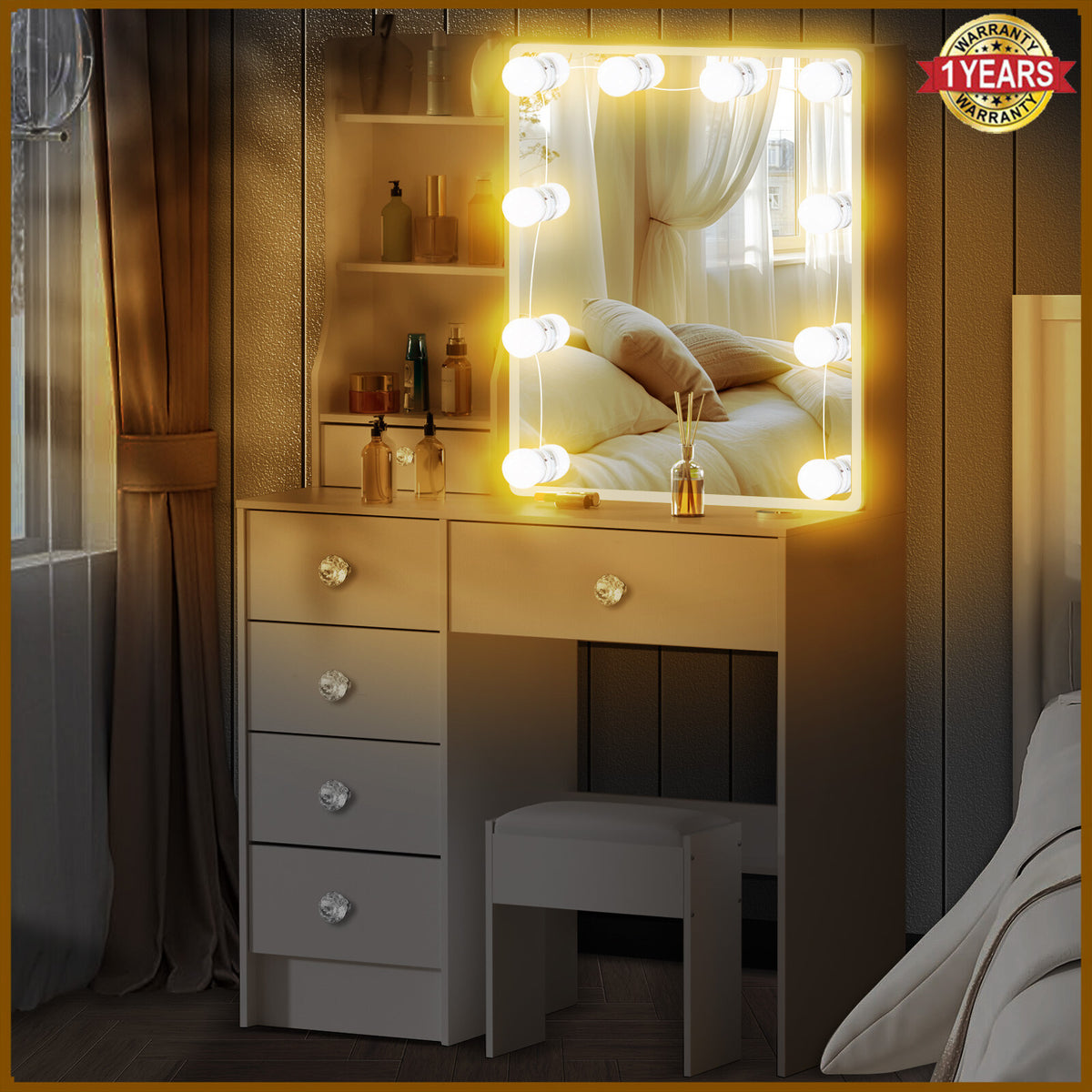 NEW 10 LED Lighted Dressing Table Desk Set With Sliding Mirror and Sto ...