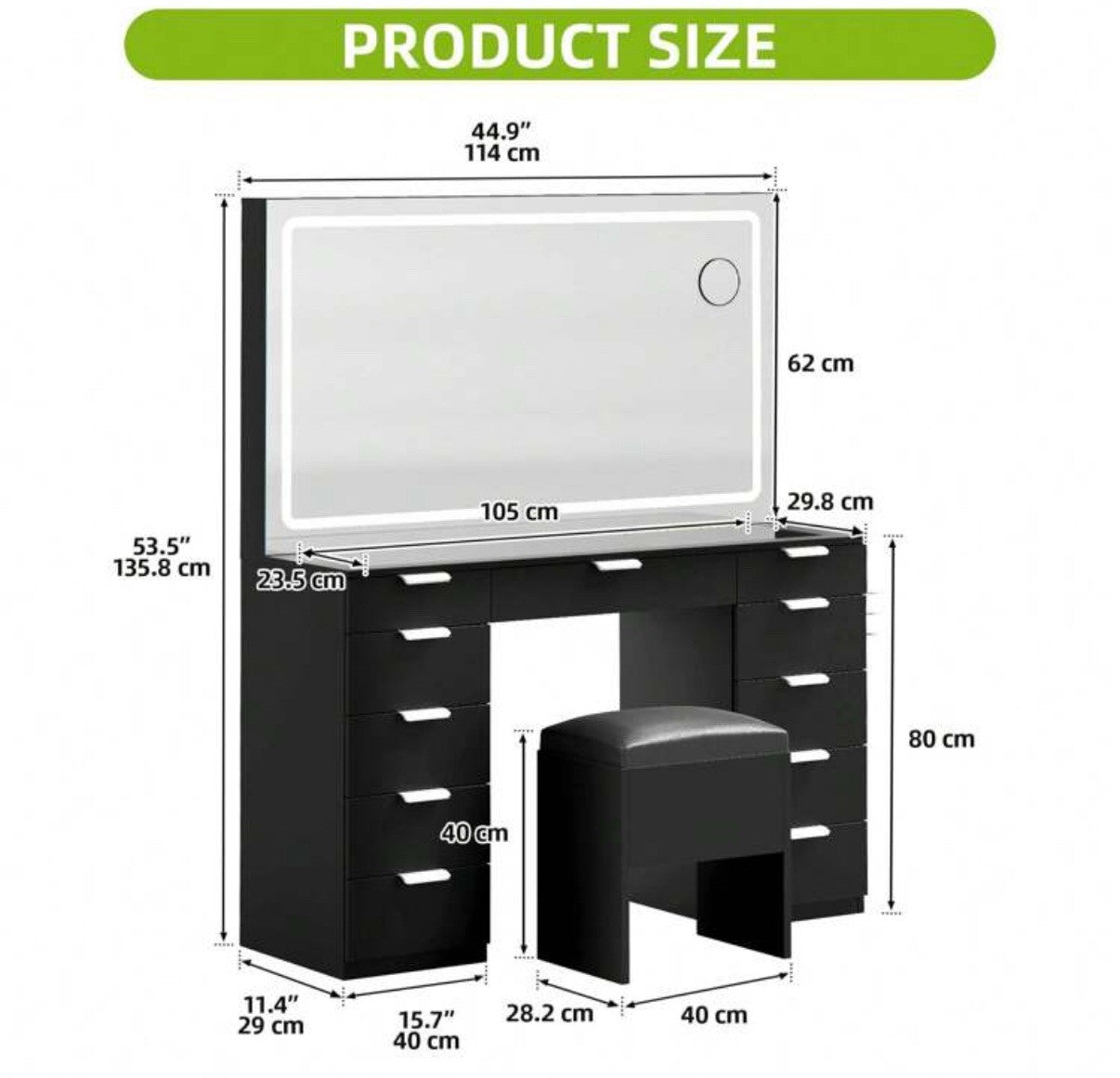 Vanity Dressing Table 11 Drawers Makeup Desk Chair Set with LEDMirror ...